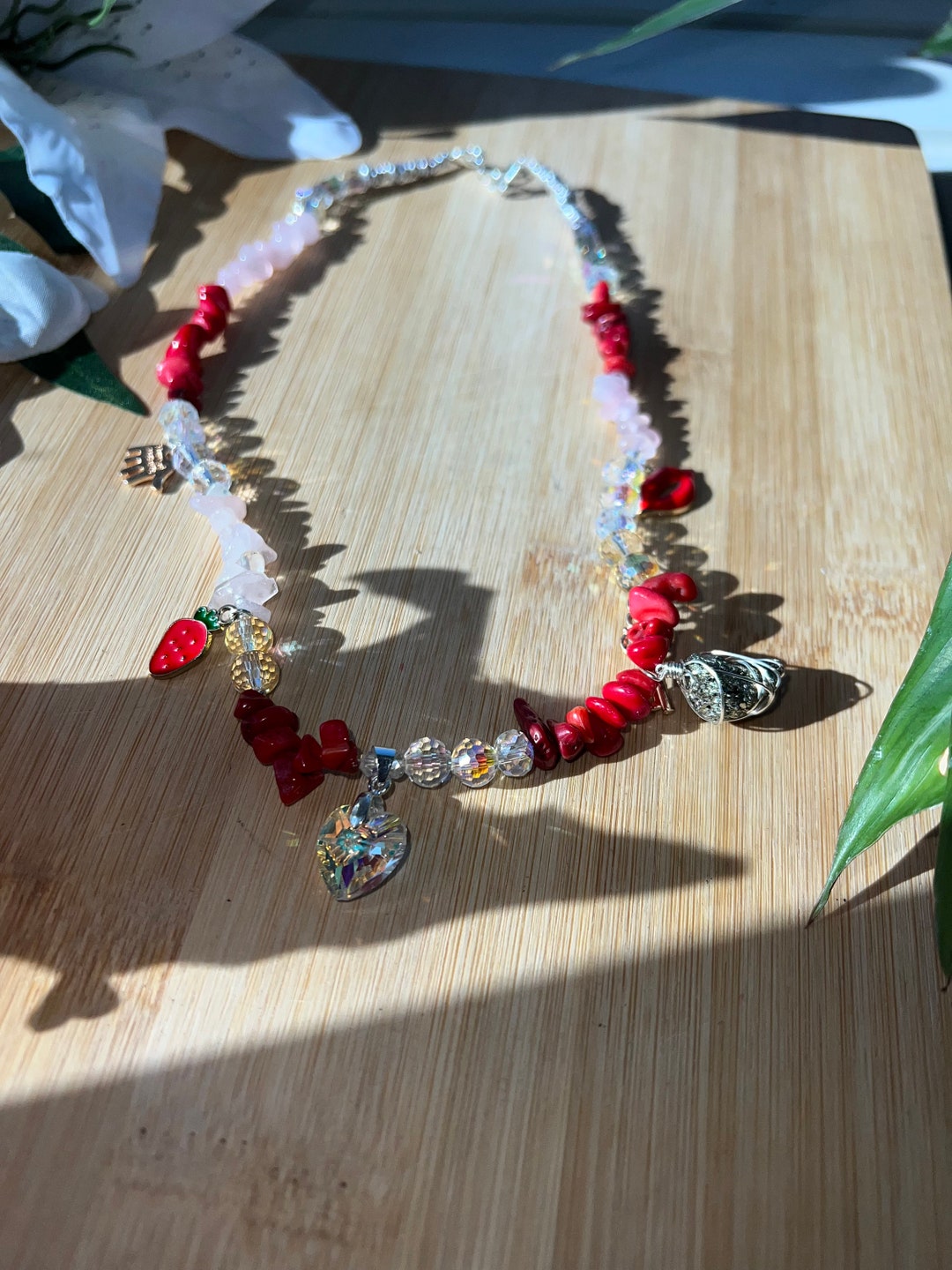 Rose Quart Pyrite & Red Coral Crystal Chip Charm Necklace - Etsy