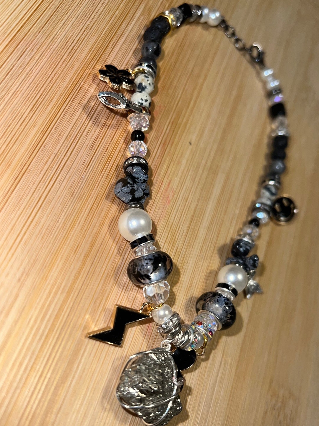 Black Grey Pyrite Glass Bead Charm Necklace - Etsy