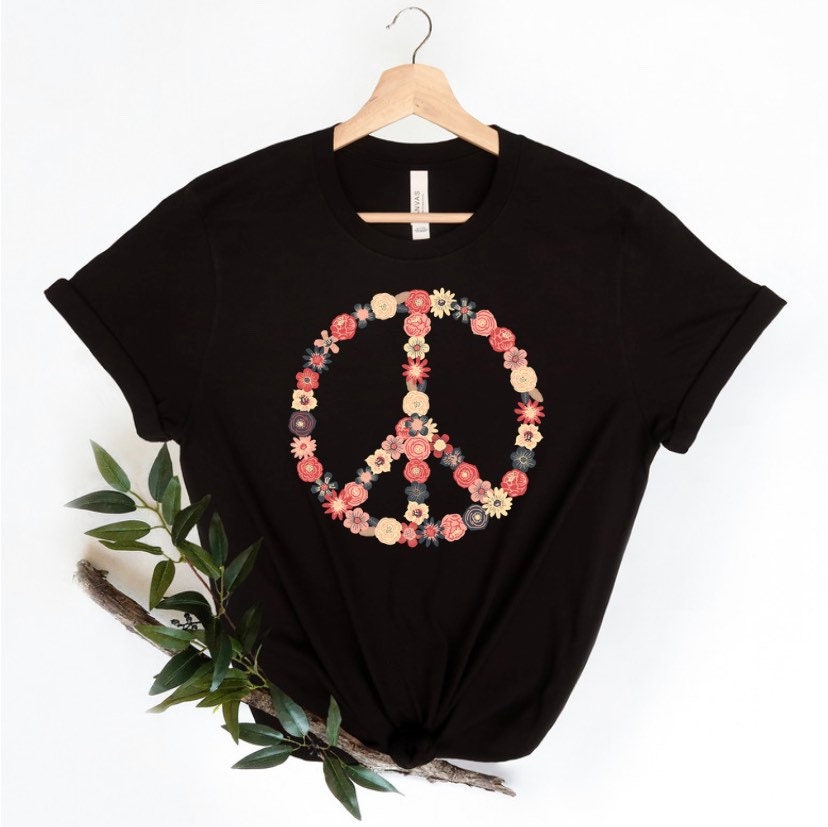 Spring Floral Peace Sign Graphic T Shirt, Minimalist Style Flower Peace ...
