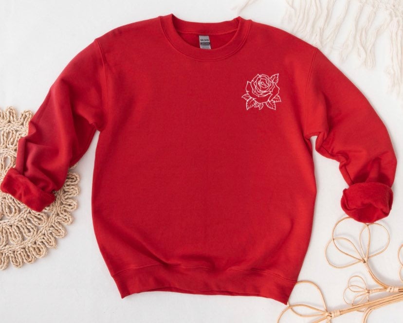 White Rose Outline Simple Pocket Logo Unisex Crewneck Sweatshirt, Cute ...