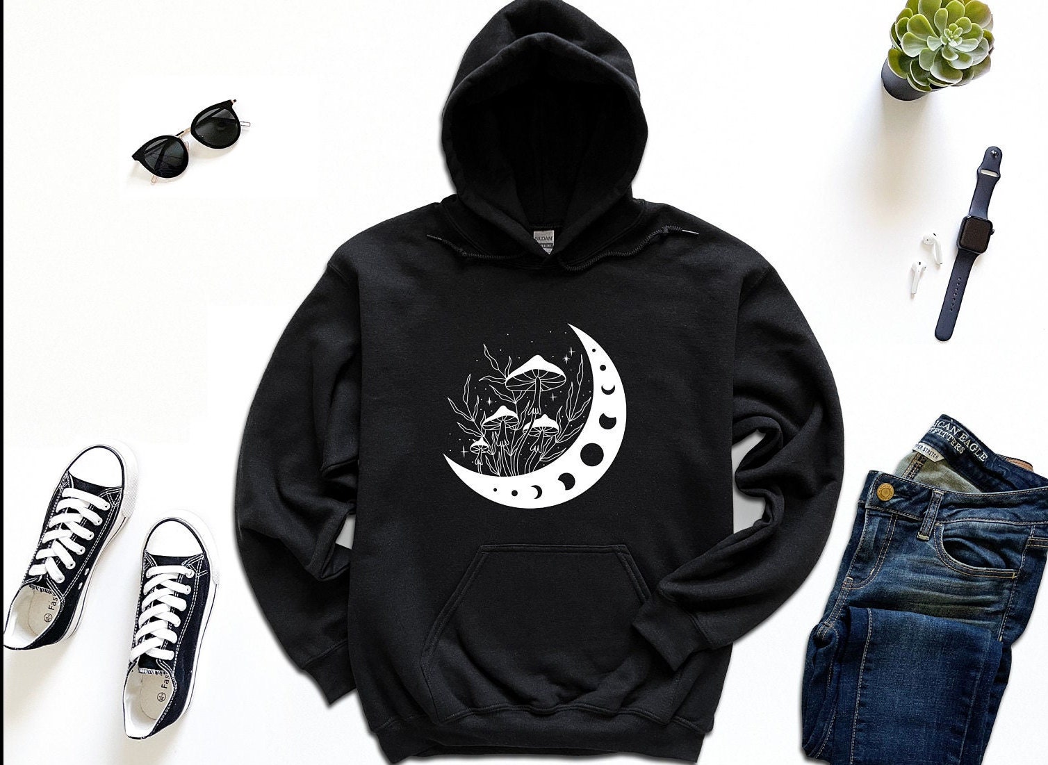 Cute Moon Phases and Mushroom Hoodie, Moon Mushroom Hoodies, Celestial ...