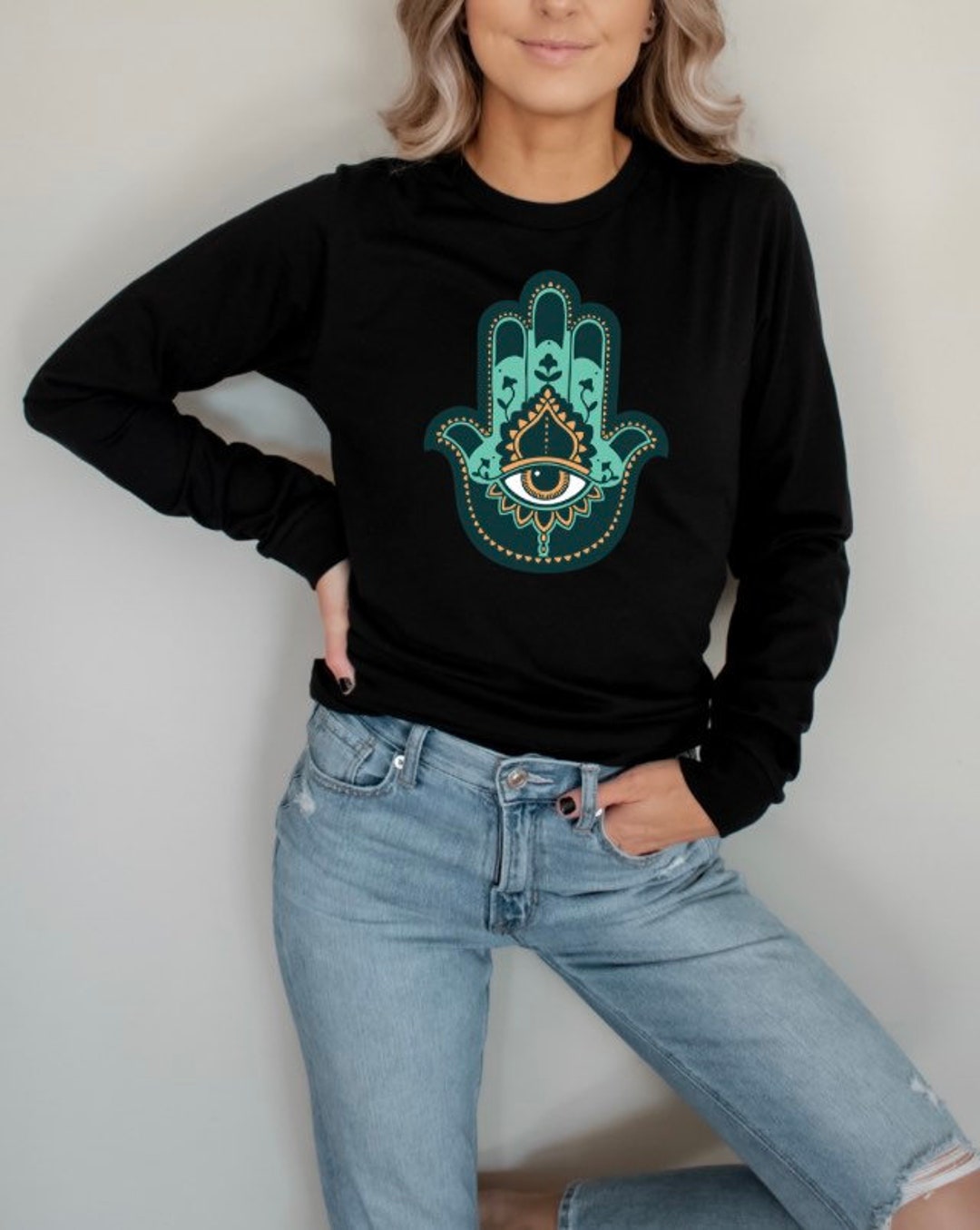 Long Sleeve Hand of Hamsa T Shirt, Hand of Hamsa Shirt, Meditation ...
