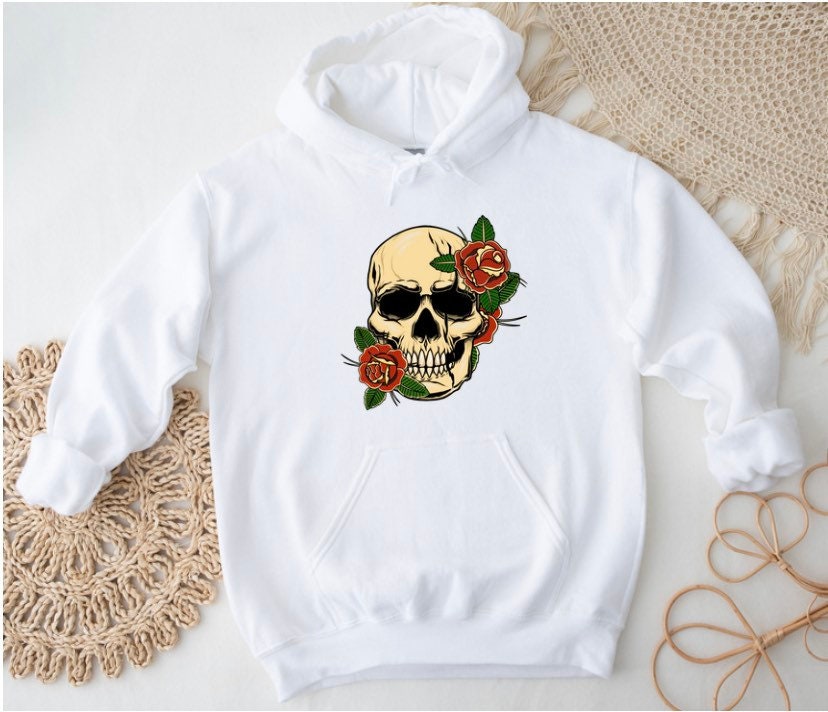 Traditional Skull Hoodie, Floral Roses Unisex Gildan Skull Hoodie, Cool ...