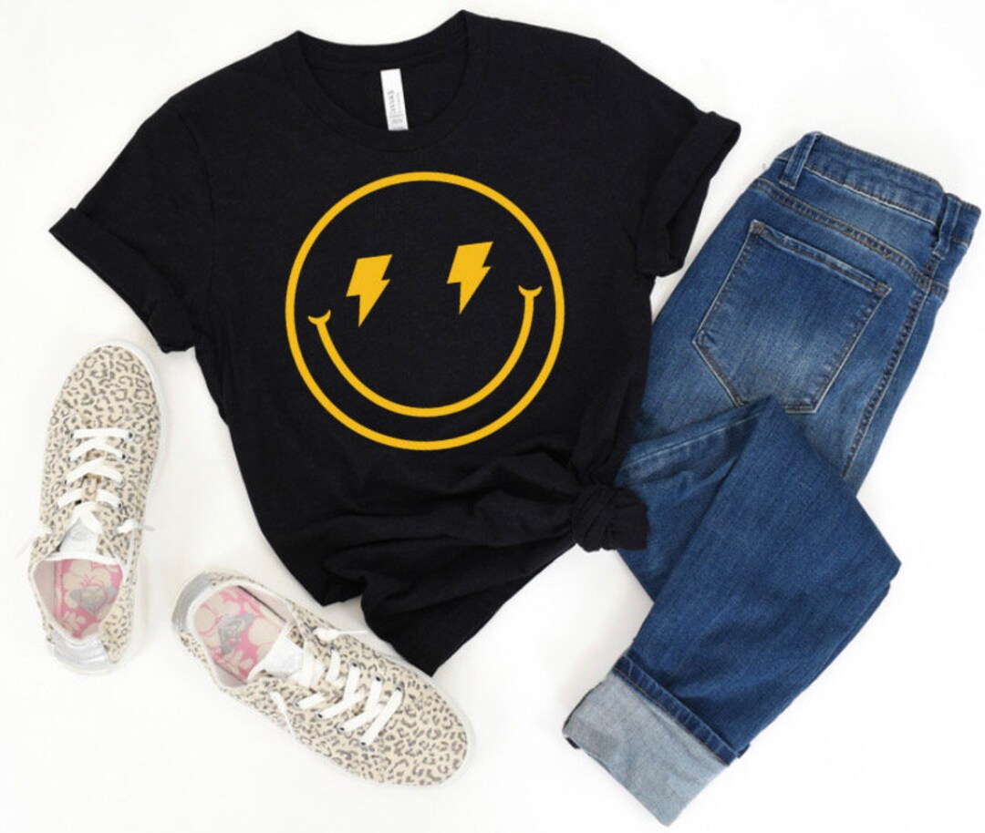 Smiley Face Shirt, Yellow Smiley Face Lighting Bolt Graphic T Shirt ...