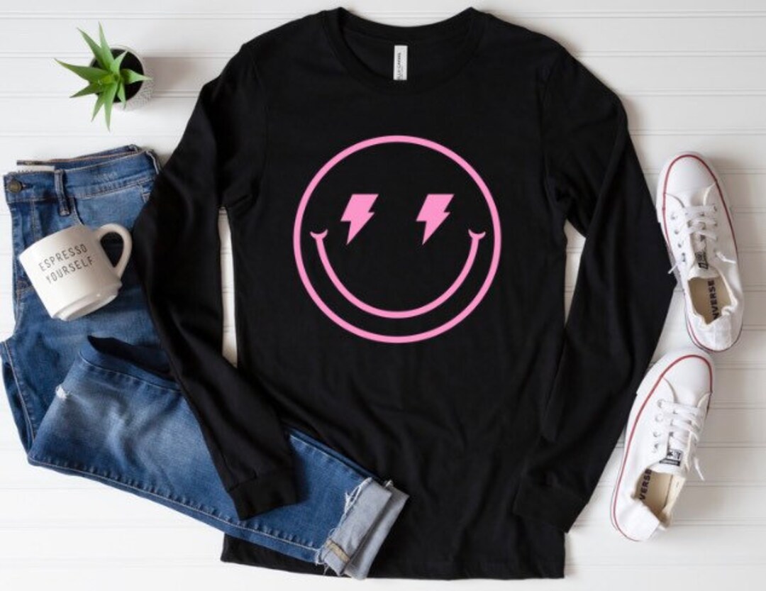 Long Sleeve Pink Punk Smiley Face T Shirt, Cute Comfy Long Sleeve ...