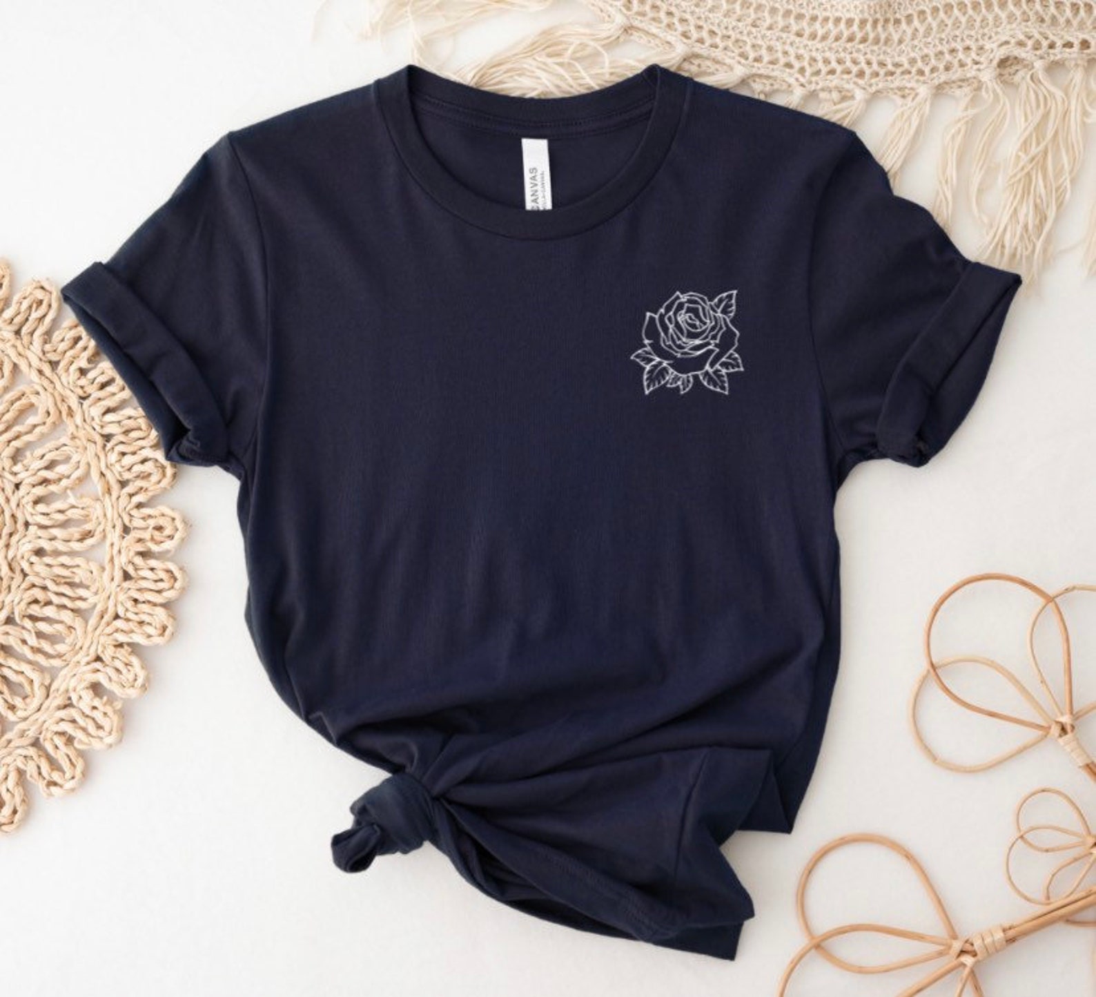 White Rose Outline Unisex T Shirt, Simple Rose Tshirt, Cute Pocket Logo ...