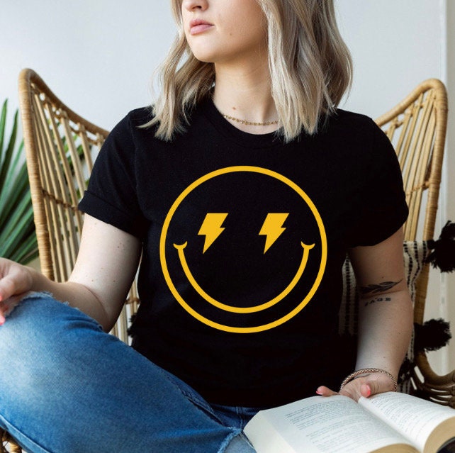 Smiley Face Shirt, Yellow Smiley Face Lighting Bolt Graphic T Shirt ...