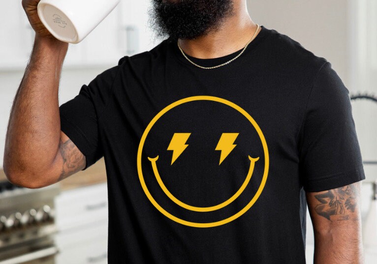 Smiley Face Shirt, Yellow Smiley Face Lighting Bolt Graphic T Shirt ...