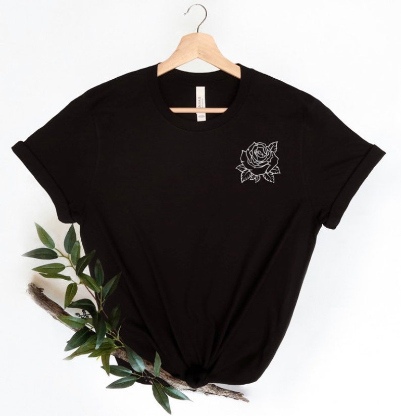 White Rose Outline Unisex T Shirt, Simple Rose Tshirt, Cute Pocket Logo ...