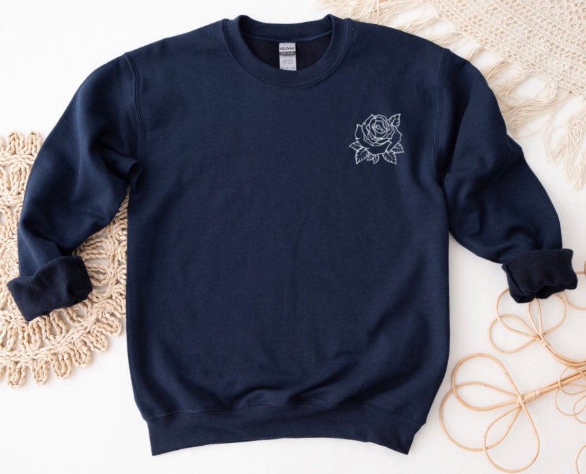 White Rose Outline Simple Pocket Logo Unisex Crewneck Sweatshirt, Cute ...