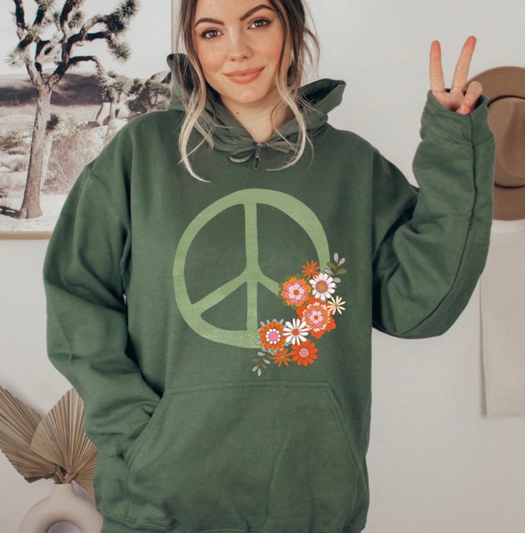 Green Floral Peace Sign Hoodie, Cute Flowers Hoodie, Peace Sign Hoodies ...