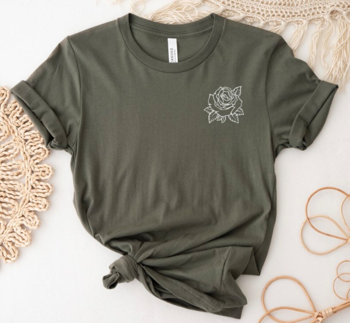 White Rose Outline Unisex T Shirt, Simple Rose Tshirt, Cute Pocket Logo ...