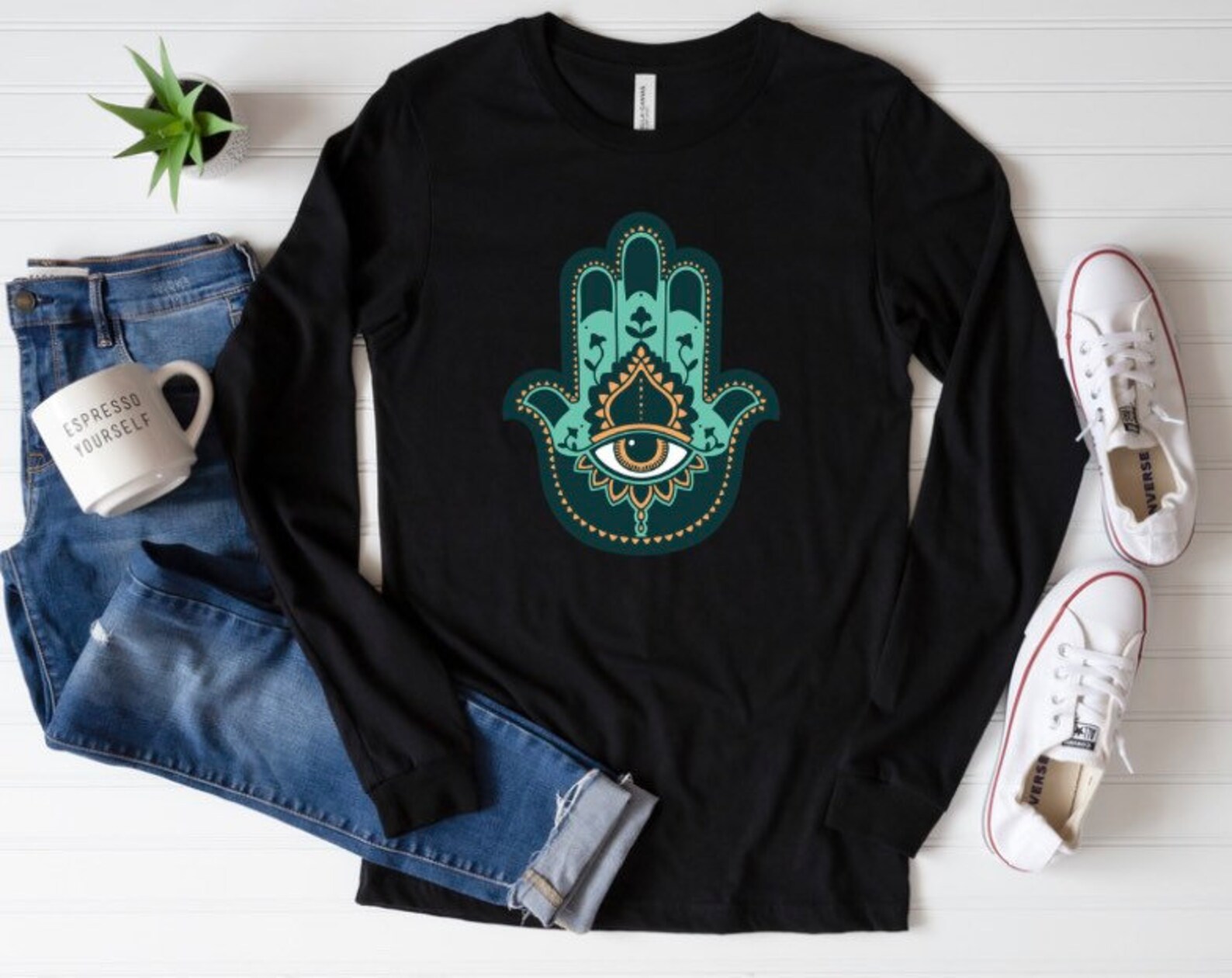 Long Sleeve Hand of Hamsa T Shirt, Hand of Hamsa Shirt, Meditation ...