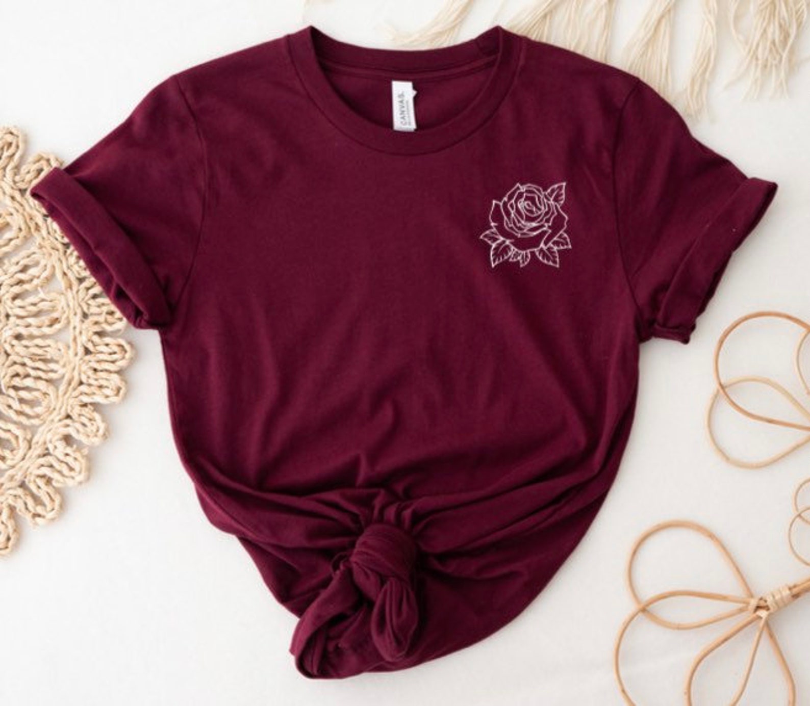 White Rose Outline Unisex T Shirt, Simple Rose Tshirt, Cute Pocket Logo ...