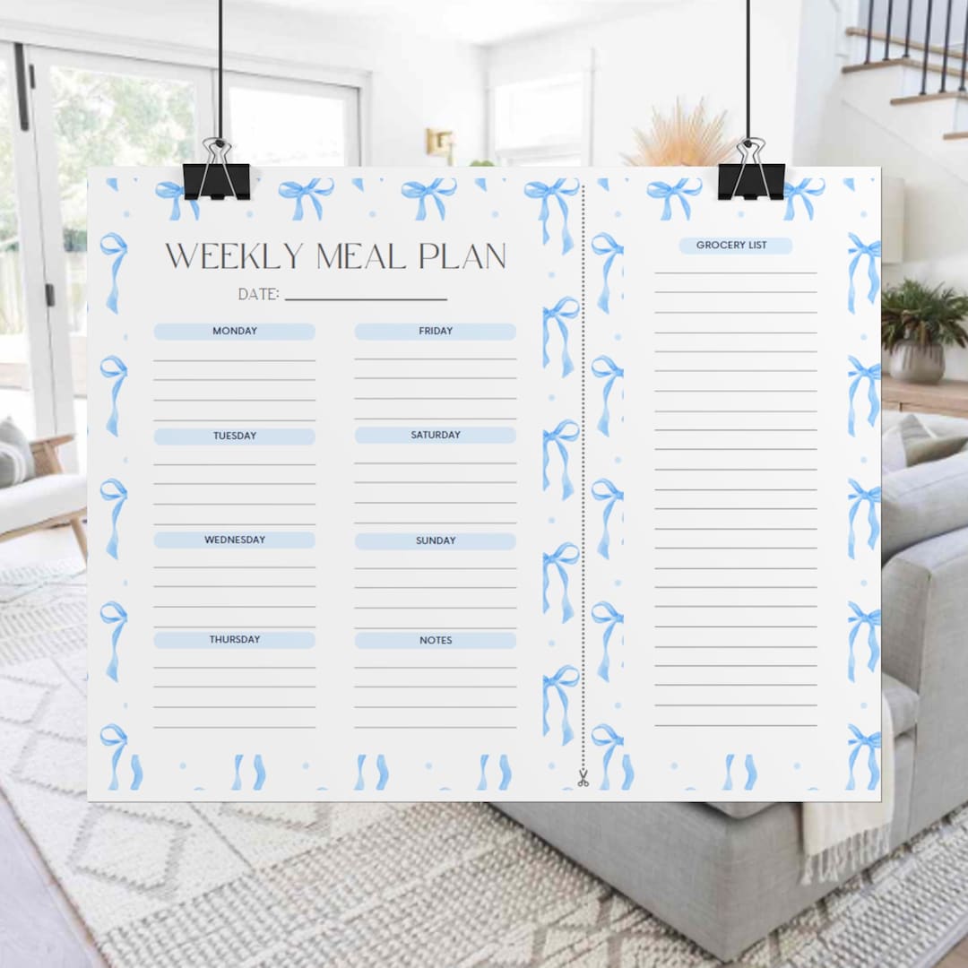 Blue Bow Meal Planner 2025 Printable Planner , Log, and Notes Keeper ...