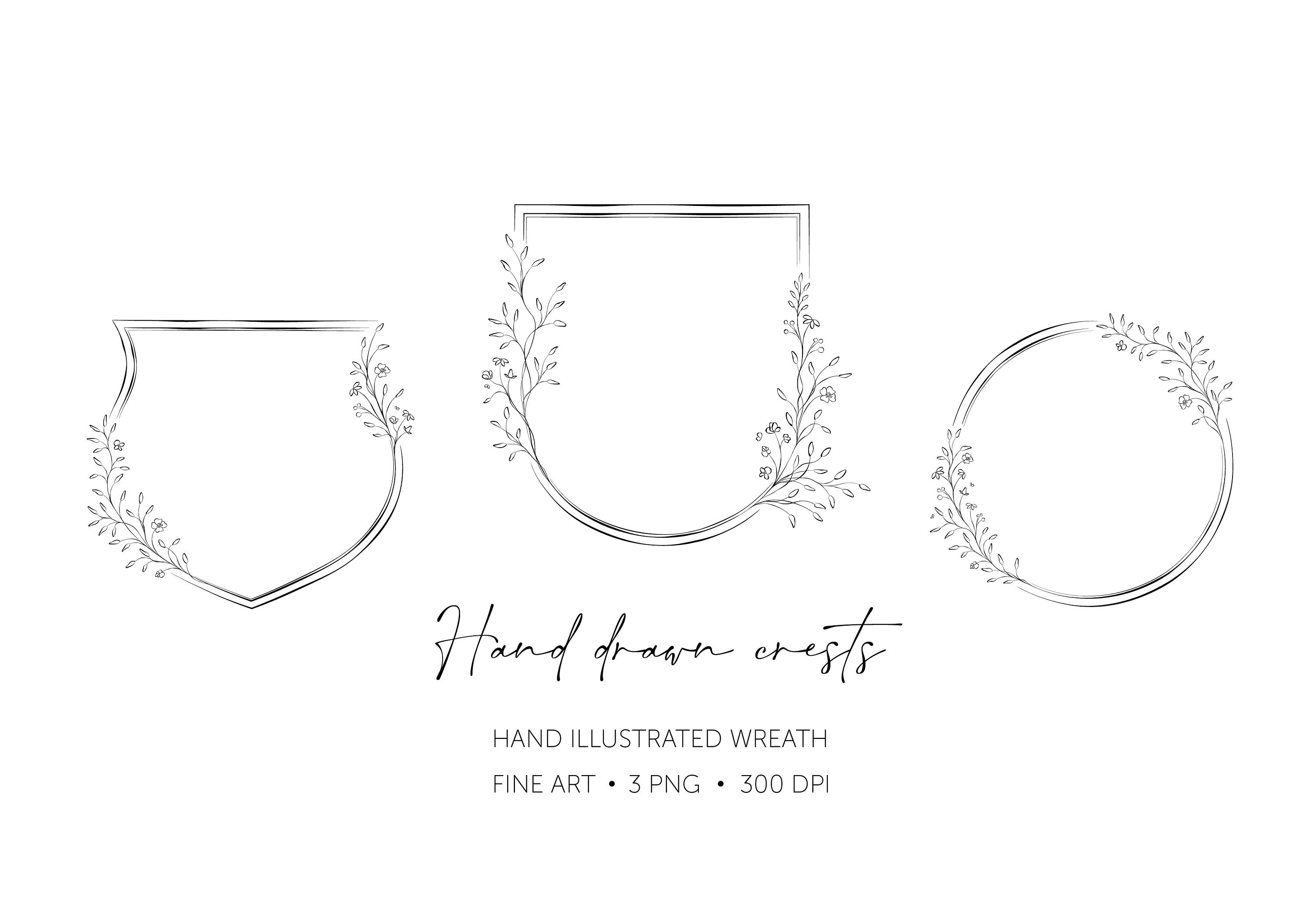 Hand Drawn Wedding Crest, Line Art Wedding Wreath, Fine Art Clip Art ...