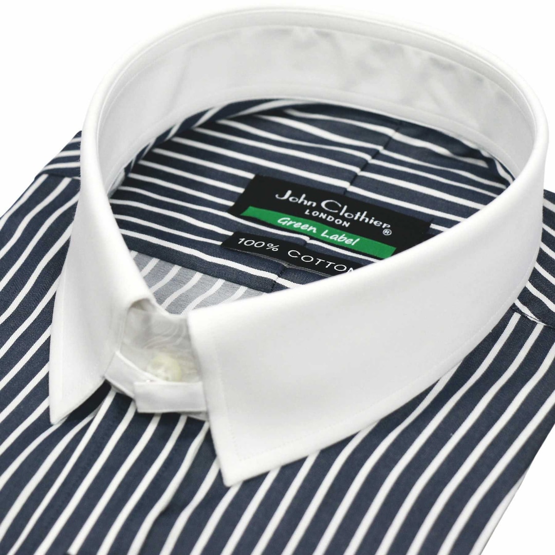 Skyfall's Tab Collar James Bond Style Navy White Blue Stripes Vintage ...