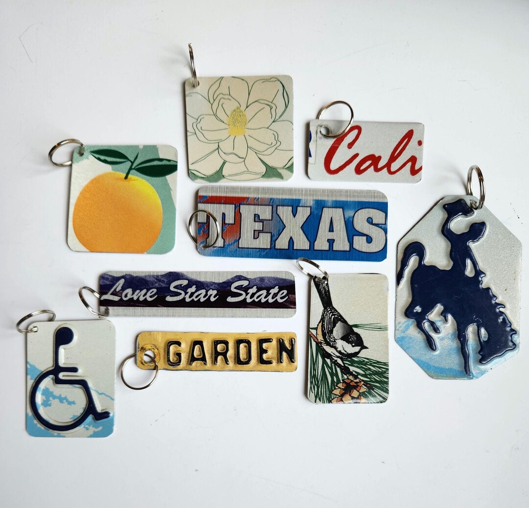 Repurposed License Plate Key Chains, Luggage Tags and Backpacks ...