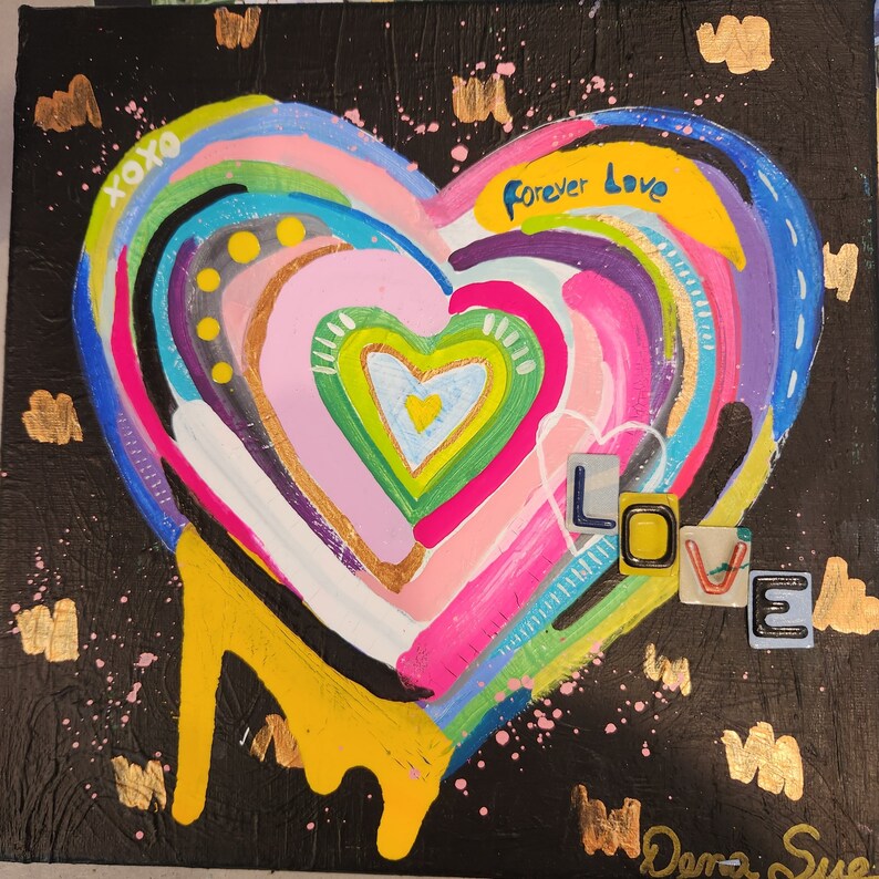 Original Vibrant Heart Painting With Color, Inspirational Valentine's ...