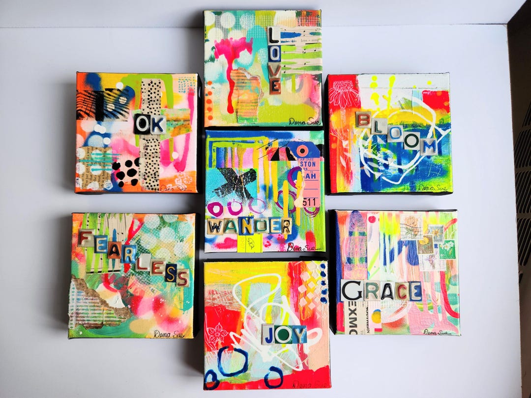 Vibrant Colorful Mixed Media Wall Art, Small Bold Abstract Paintings on ...