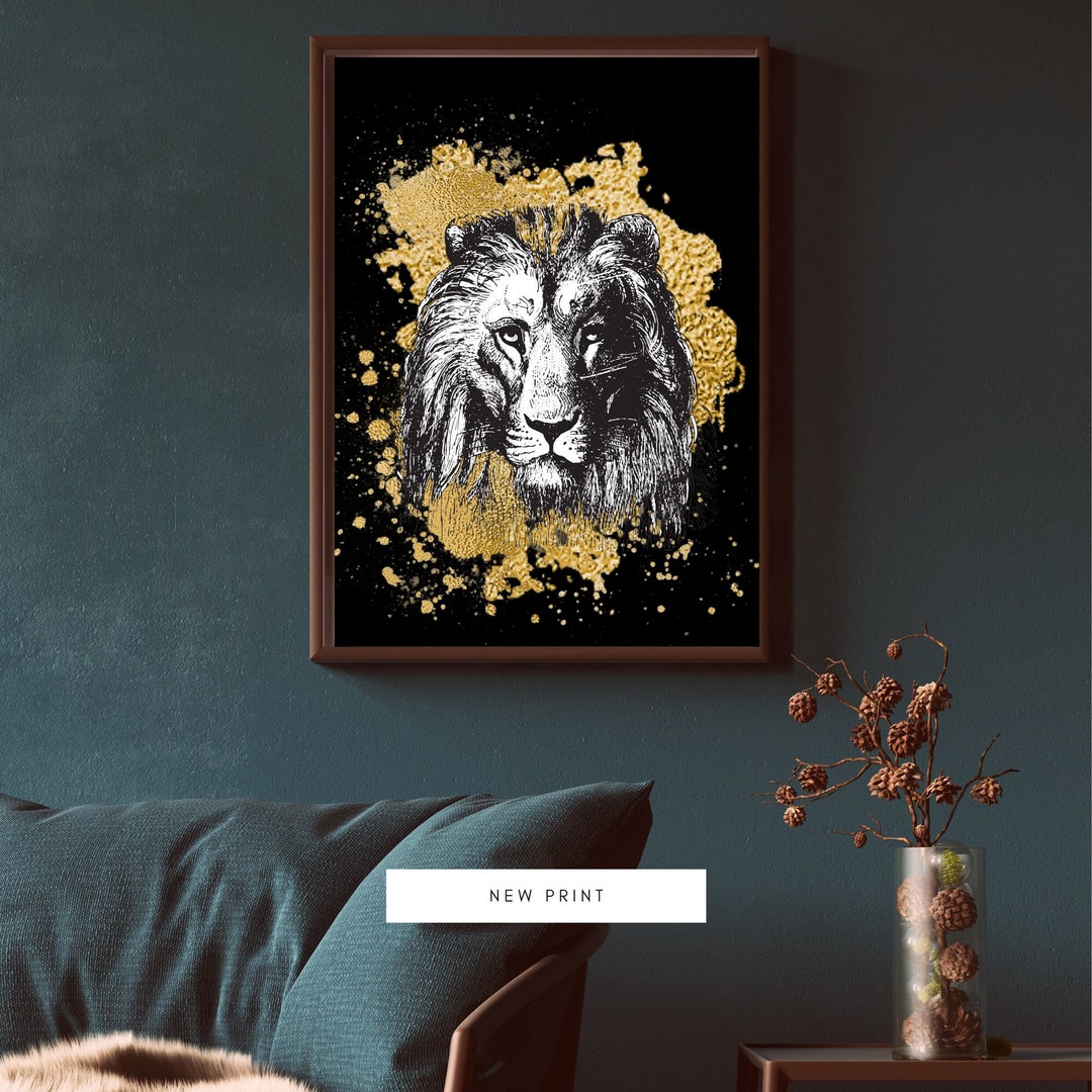 Black and Gold Lion Print, Lion Wall Art, Large Poster Safari, Nursery ...