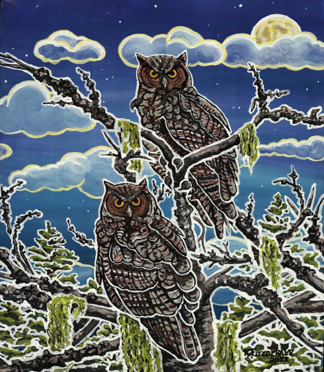 Dennys Pond Owls 2022 24 X 20 Orginal Acrylic on Canvas by Reilly ...