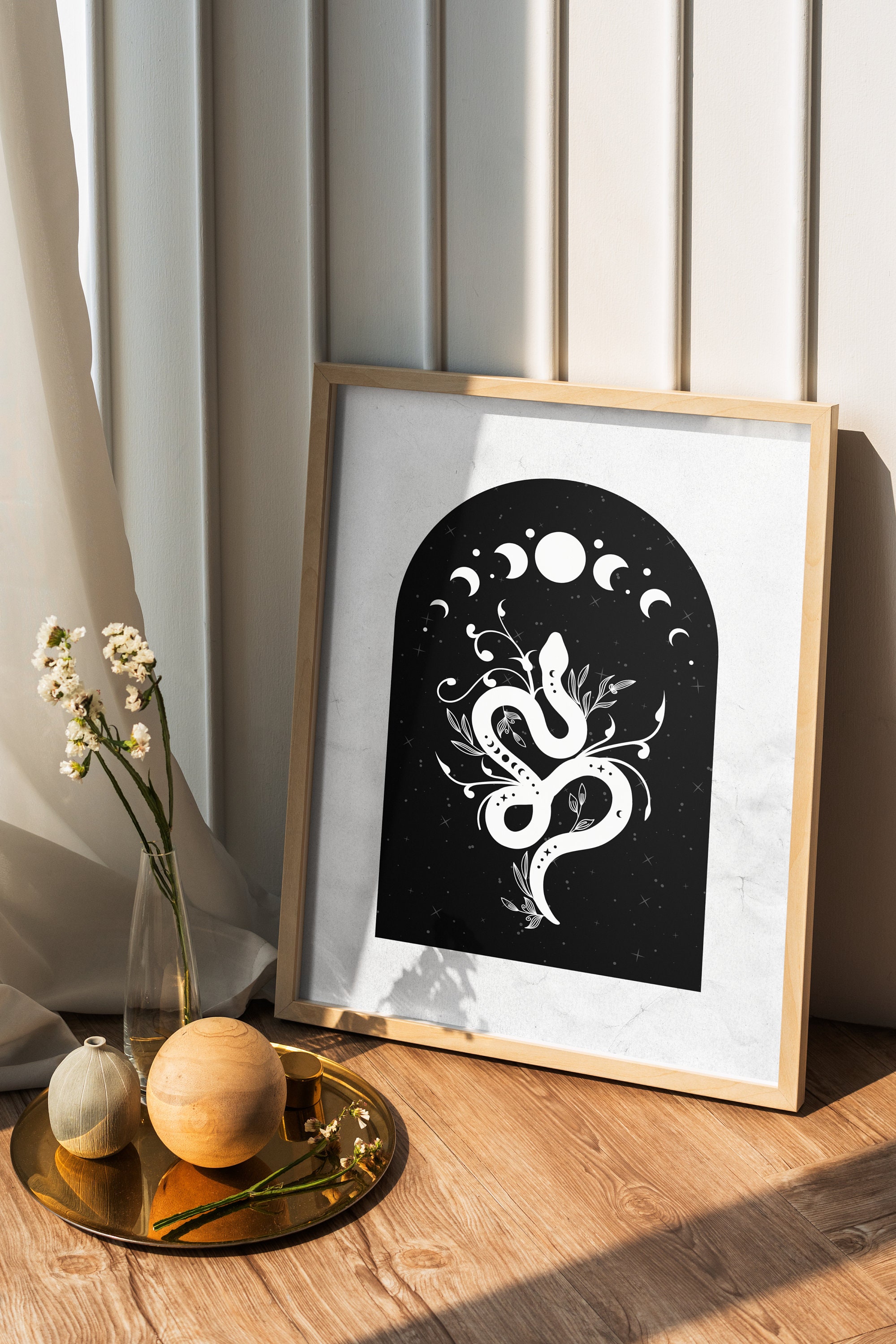 Boho Snake Moon Phases Printable Wall Art Minimal Celestial Digital ...