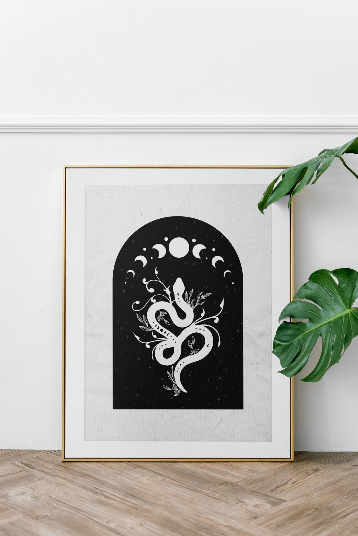 Boho Snake Moon Phases Printable Wall Art Minimal Celestial Digital Download Black and White ...