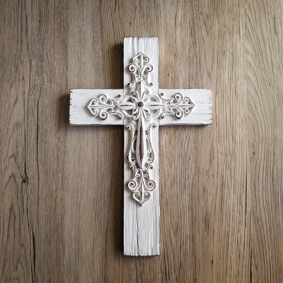 Ornate Whitewashed Cross - Etsy
