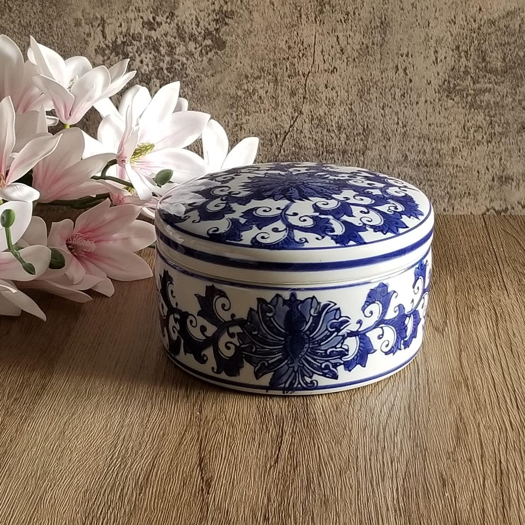 Blue & White Chinoiserie Round Ceramic Box 6.5-inch - Etsy