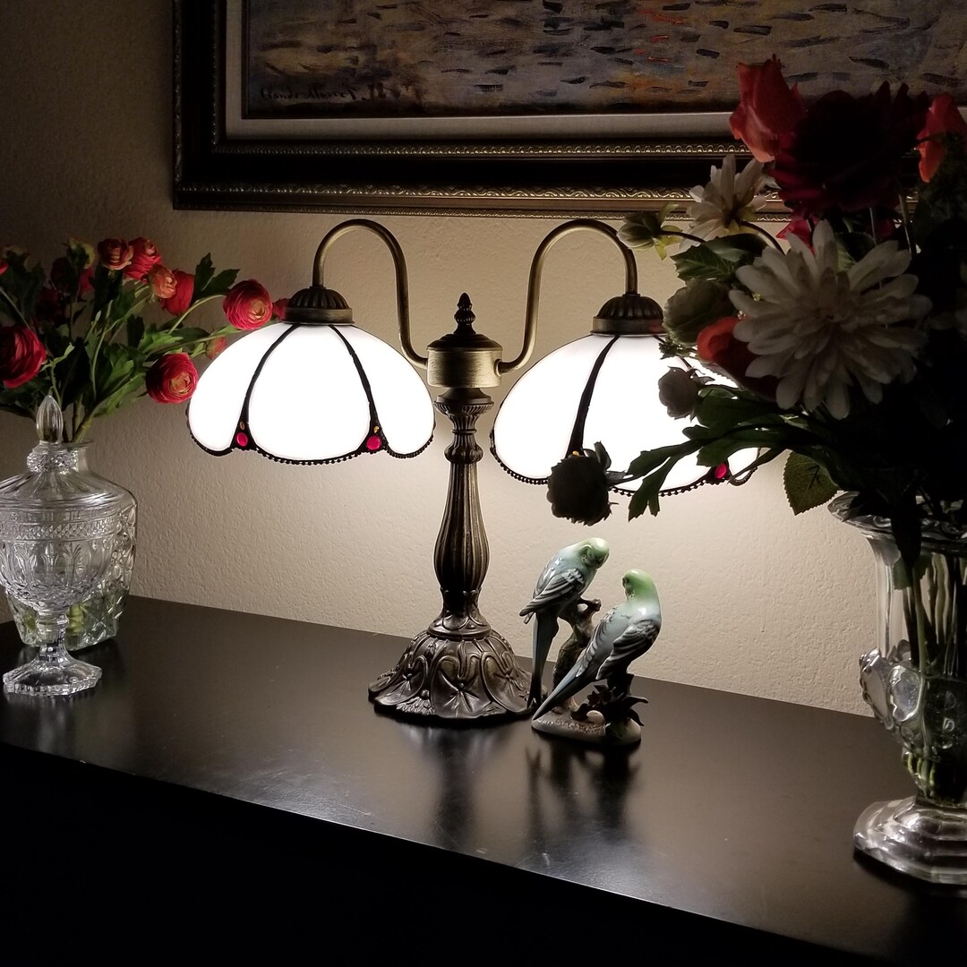 Victorian-style Glass Lamp, Milk Alabaster W/ Red & Amber Favrile Gems ...