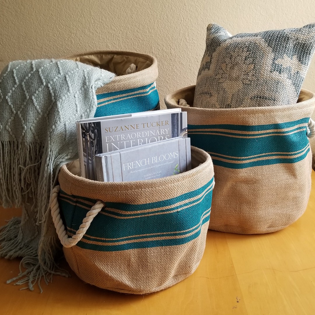 Storage Baskets, Laundry Baskets, Burlap Baskets, Teal Striped Burlap ...