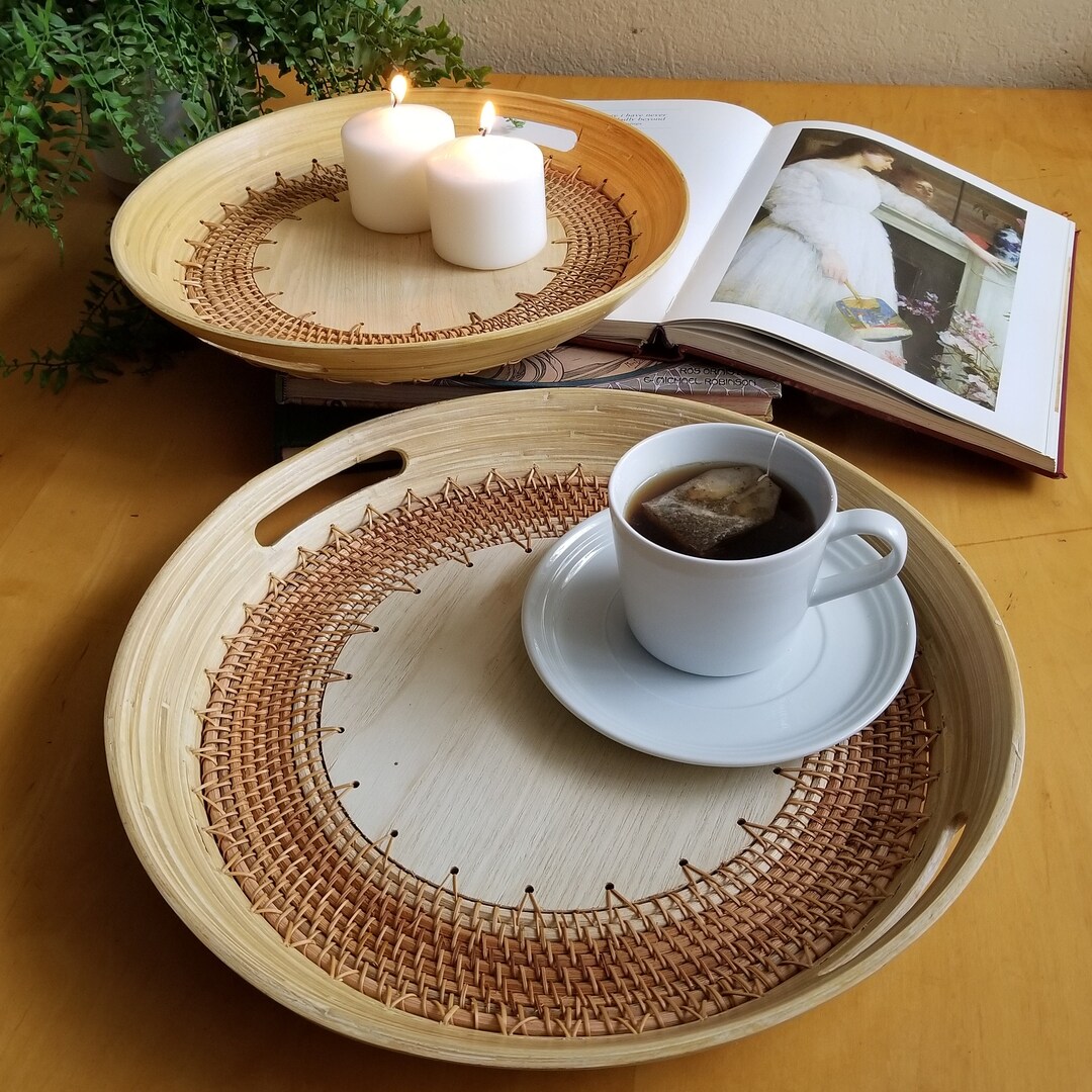 Hand-woven Rattan & Oak Wood Veneer Trays W/ Handles Set of 2 - Etsy