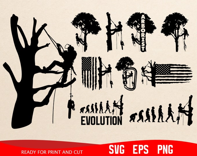 Tree Arborist SVG - Tree Services Svg, Tree Cutter Climbing, Silhouette ...