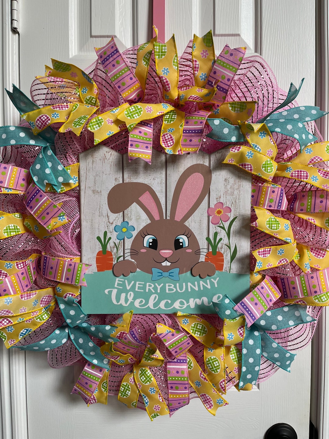 Every Bunny Welcome Easter Spring Door Wreath XL 28 28 Inch Pink Yellow ...