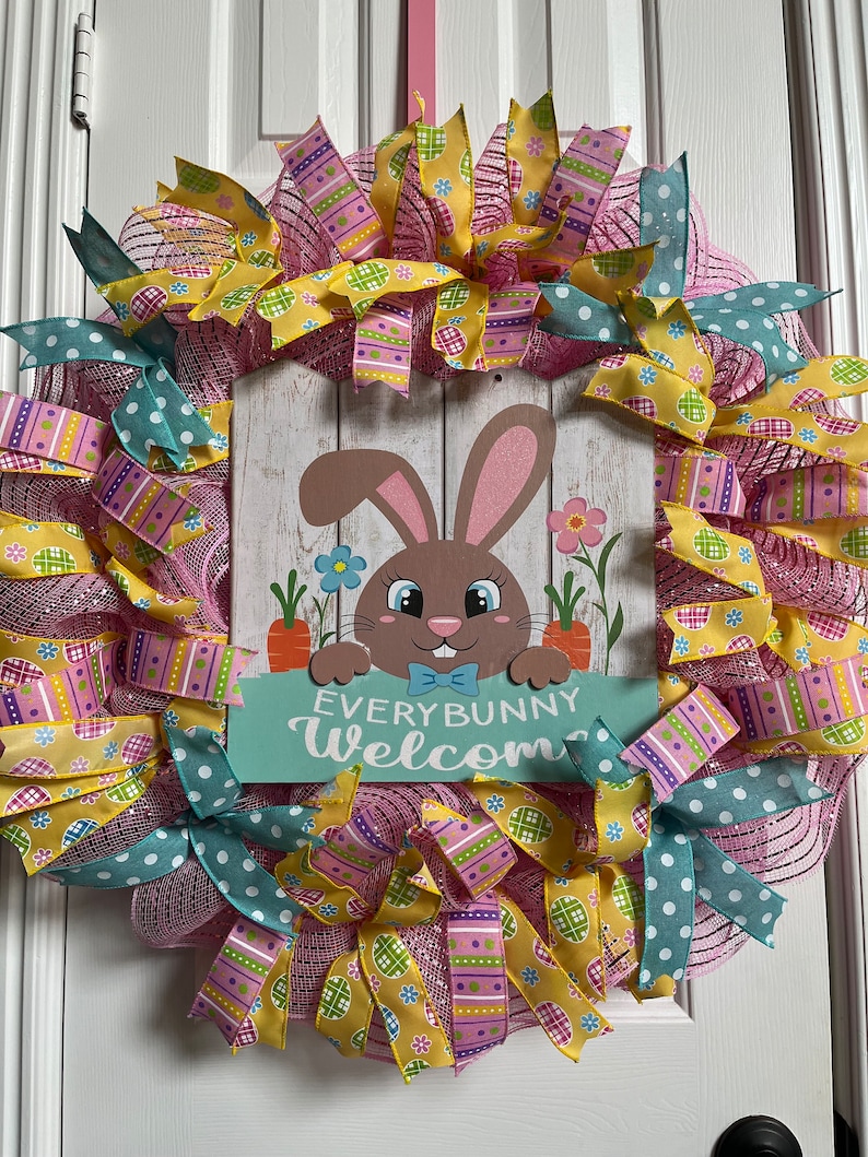 Every Bunny Welcome Easter Spring Door Wreath XL 28 28 Inch Pink Yellow ...