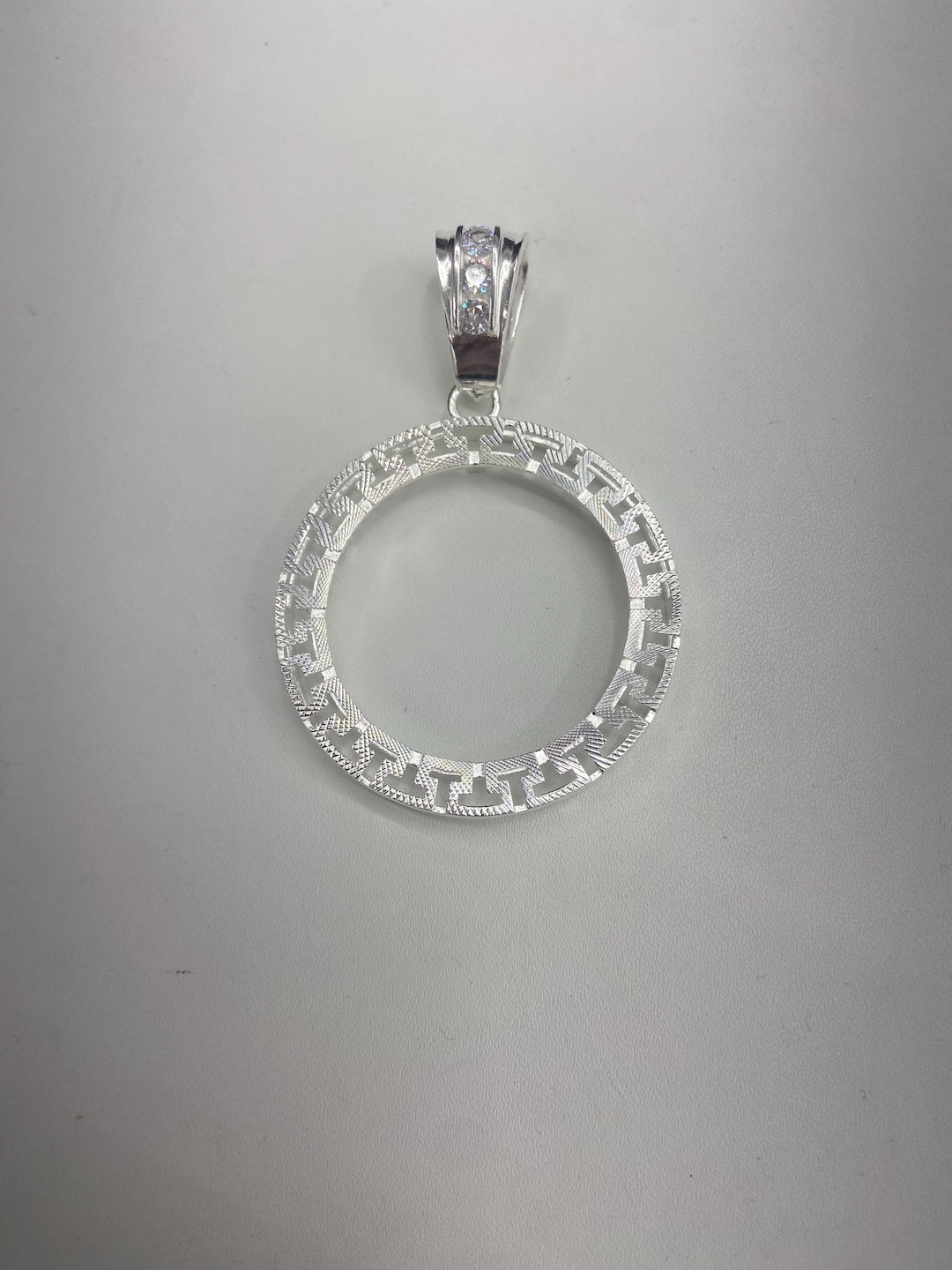 925 Sterling Silver Greek Design Coin Bezel Pendant With CZ - Etsy