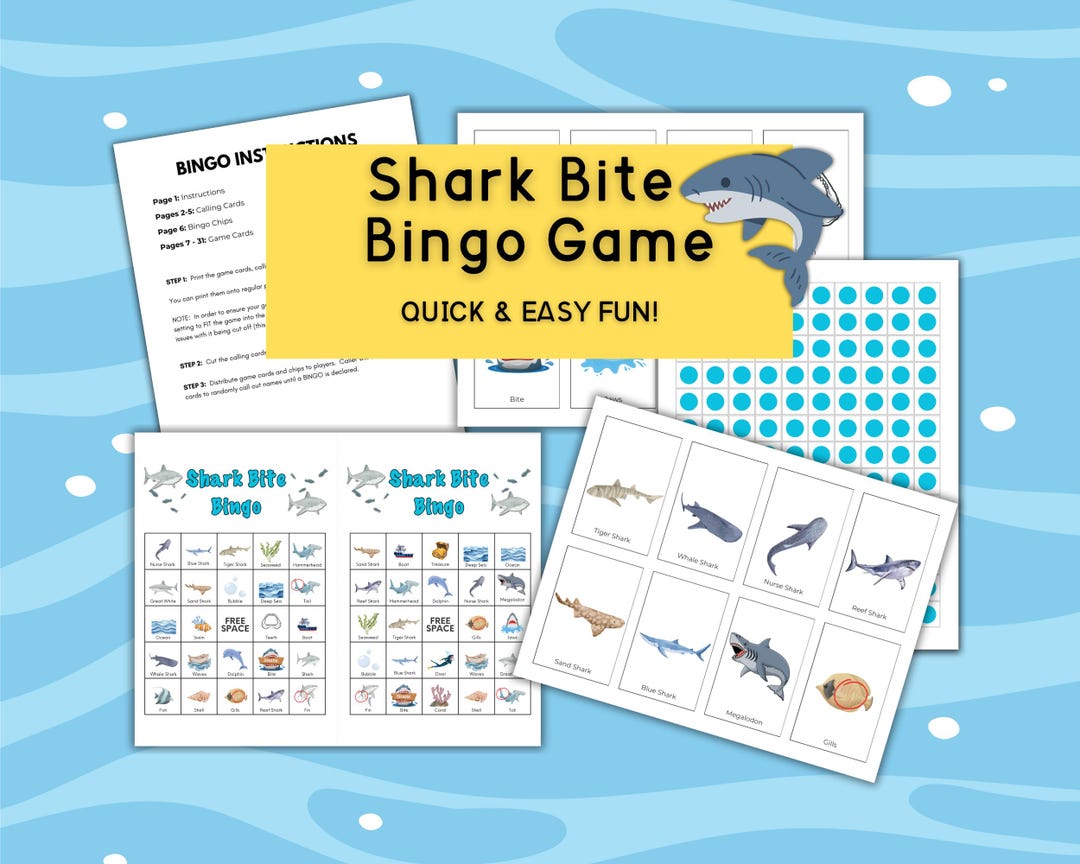 Shark Bite Bingo Printable Game, Class Party Games, Birthday Bingo ...