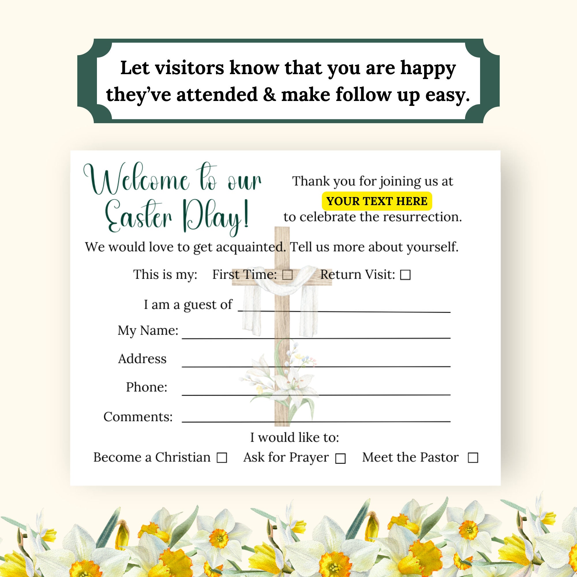Editable Easter Play & Easter Service Visitor Cards - Church Visitor ...