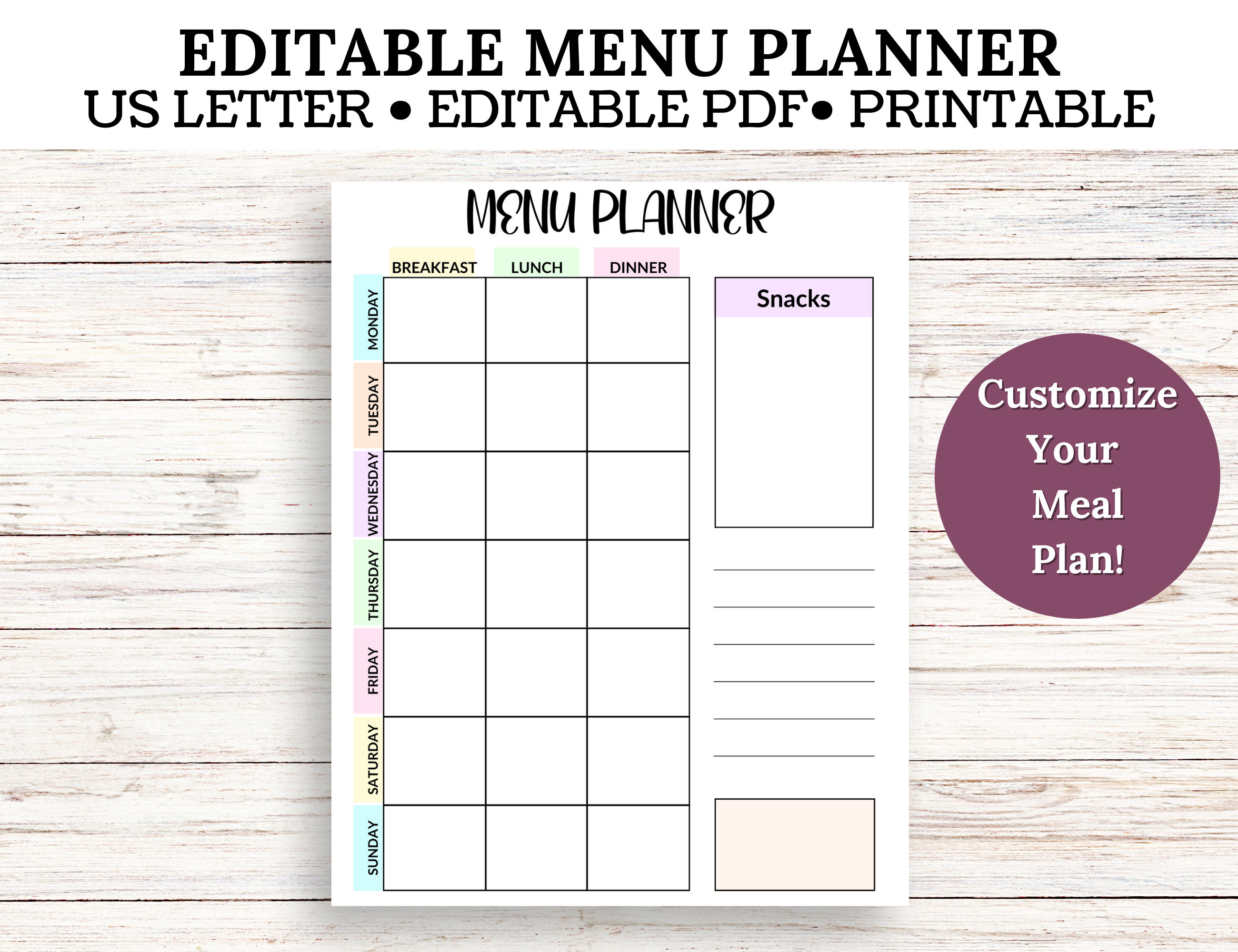 Editable Meal Planner - Editable Weekly Menu, Editable Meal Plan ...
