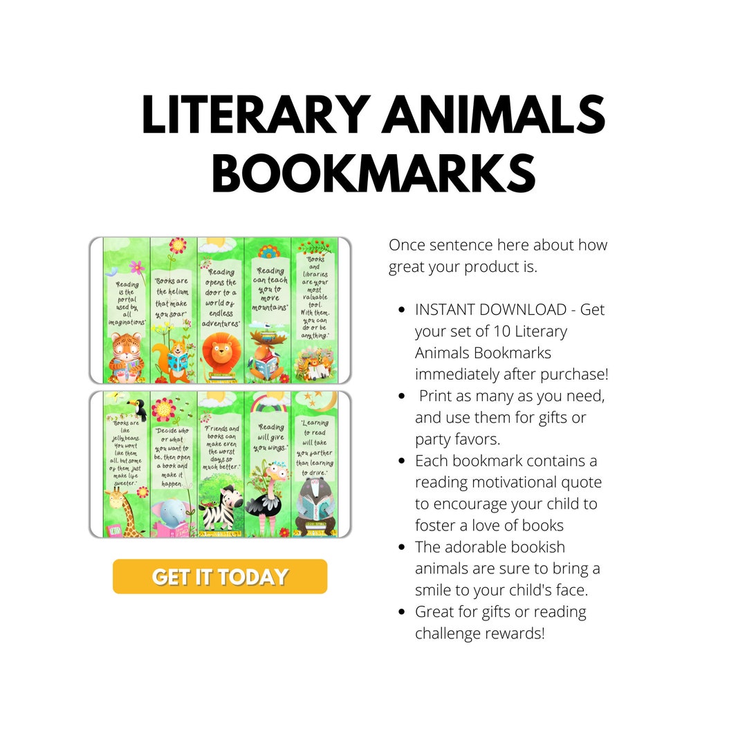 Literary Animals Bookmarks, Printable Bookmarks, Watercolor Bookmarks ...