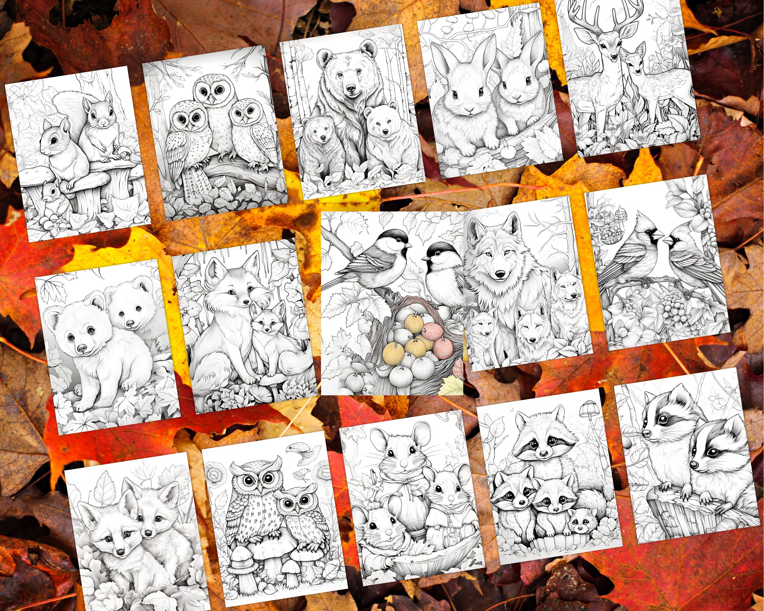 Woodland Animals Coloring Pages - Fall Coloring Pages, Grayscale ...