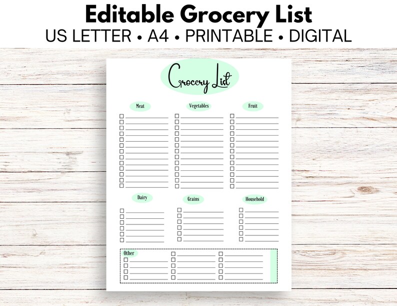 Pastel Editable Grocery List - Shopping List, Fillable Pantry List ...