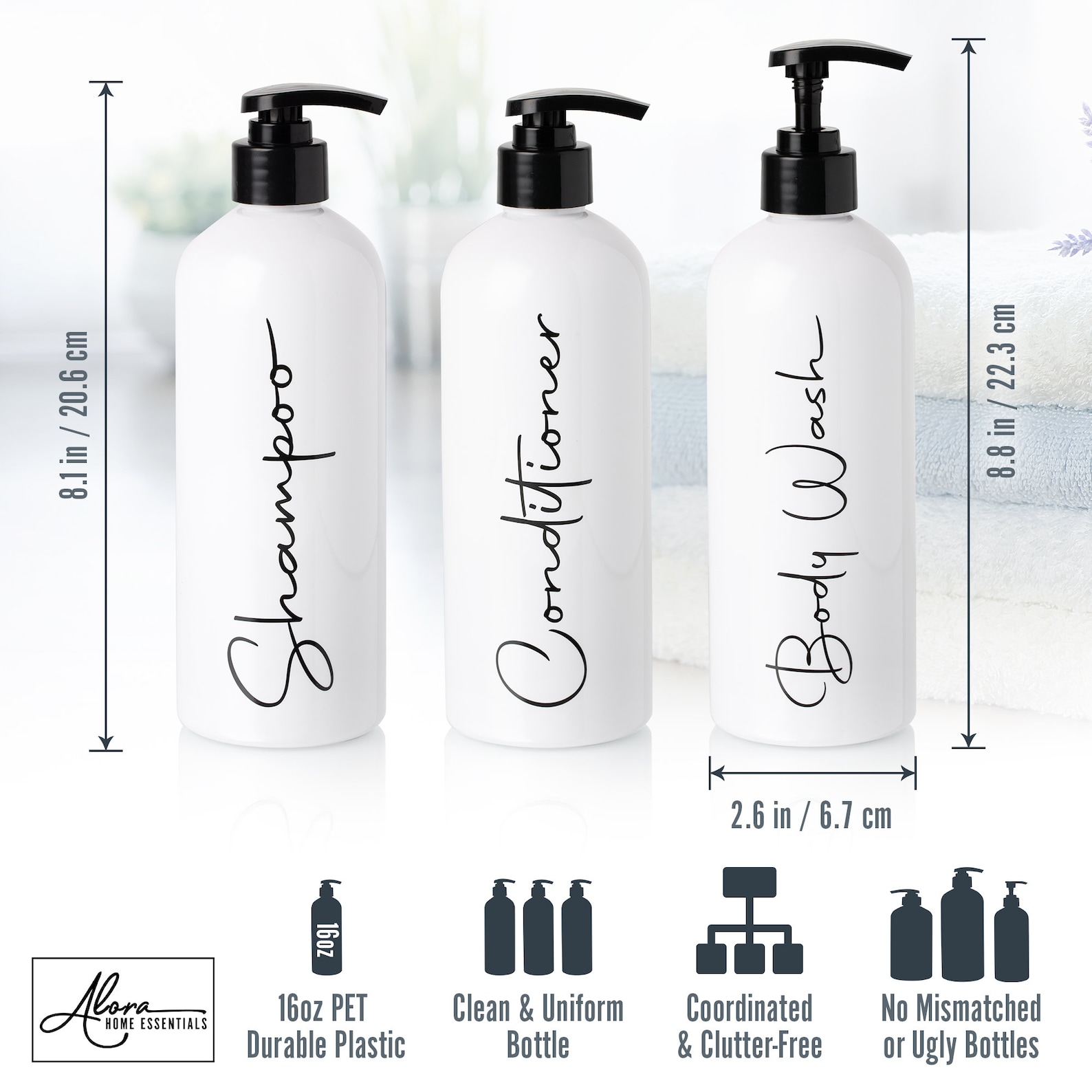 Minimalist White Shampoo and Conditioner Bottle Set: 16oz Shower ...