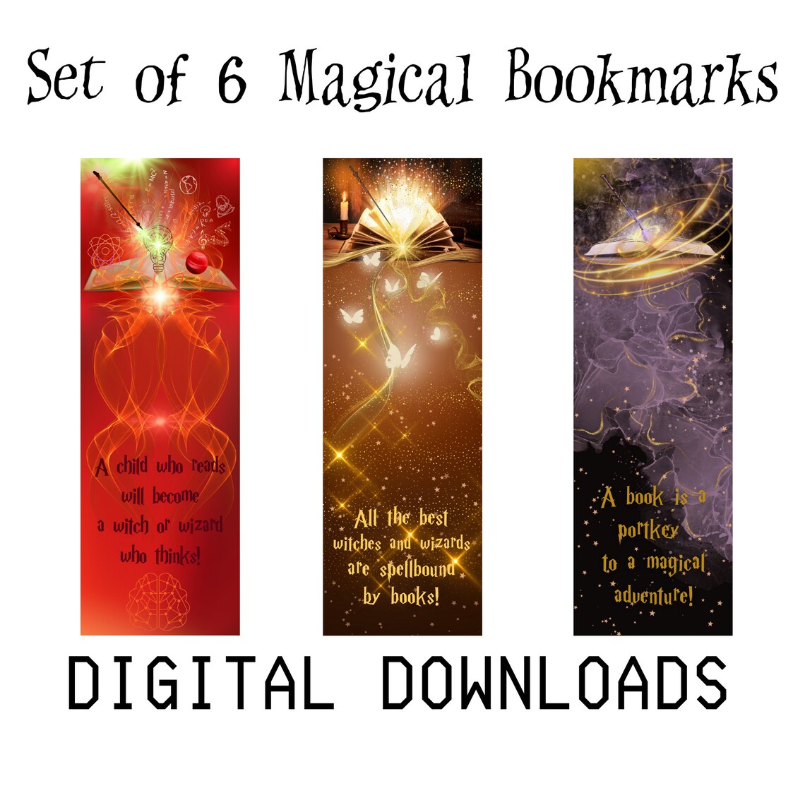 Printable Bookmarks, Set of 6 Magical Bookmarks, Digital Bookmarks to ...