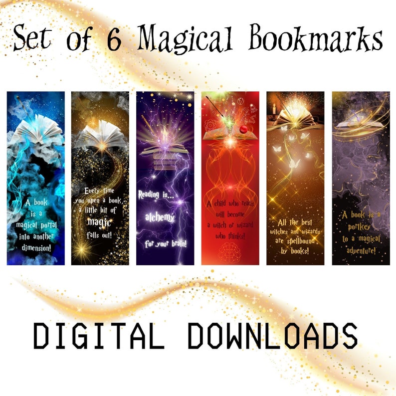 Printable Bookmarks, Set of 6 Magical Bookmarks, Digital Bookmarks to ...