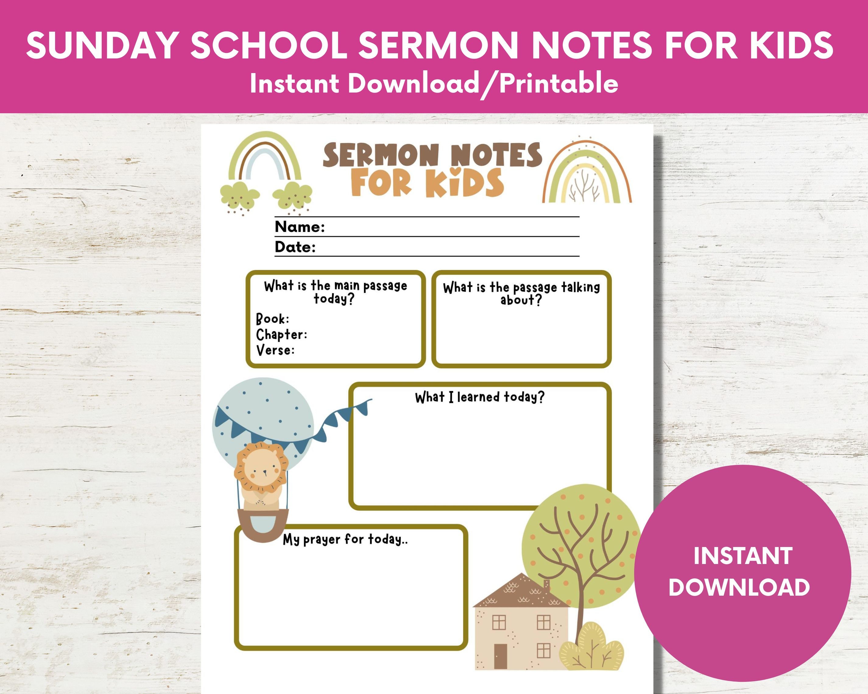 Sunday School Sermon Notes for Kids Instant Download, Prayer Printable ...