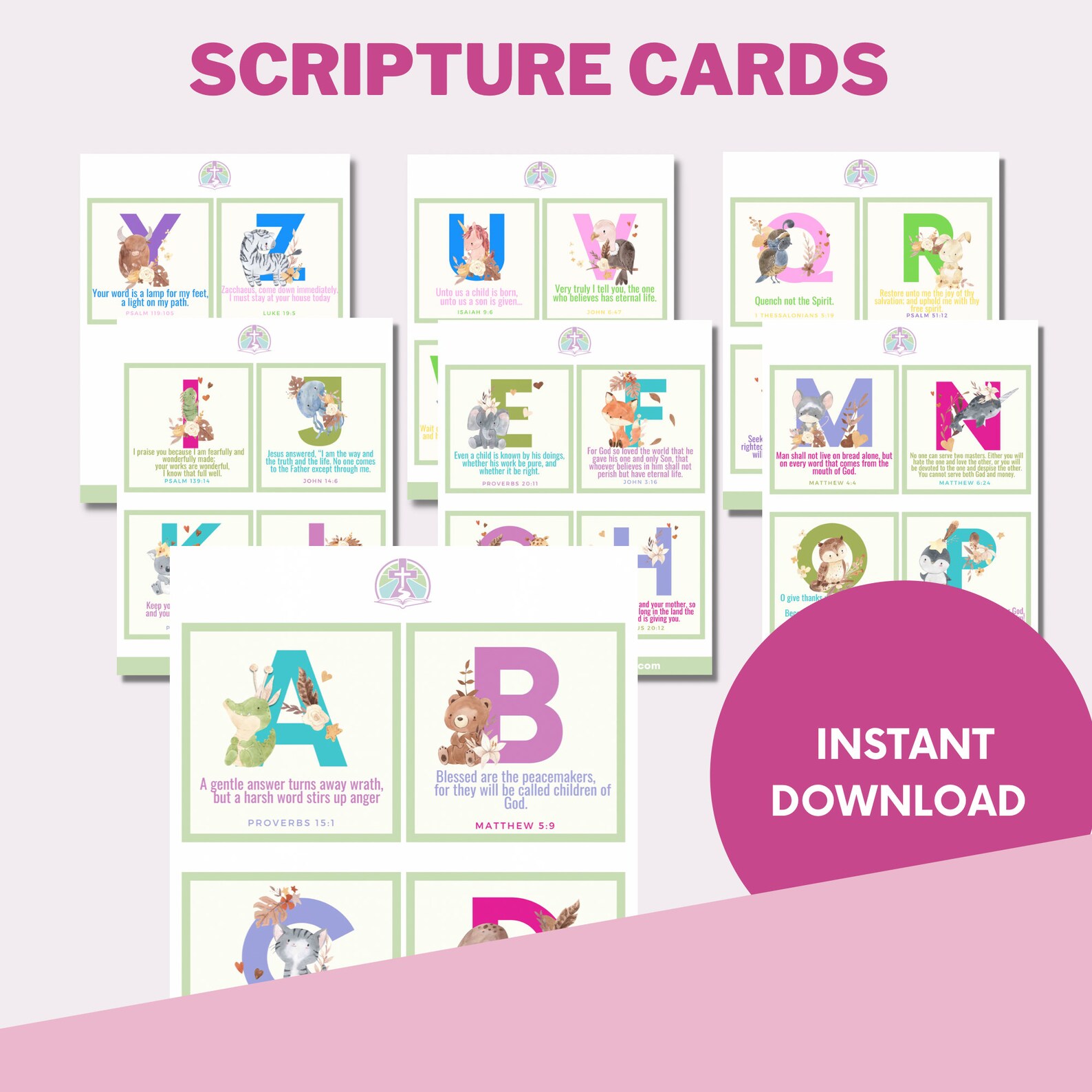 Kids ABC Animal Bible Verse Cards, Bible Verse for Kids Version 1&2 ...