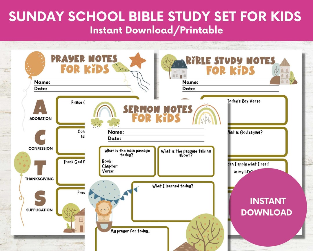 Sunday School Bible Study Set for Kids, Sermon Church Prayer Notes ...