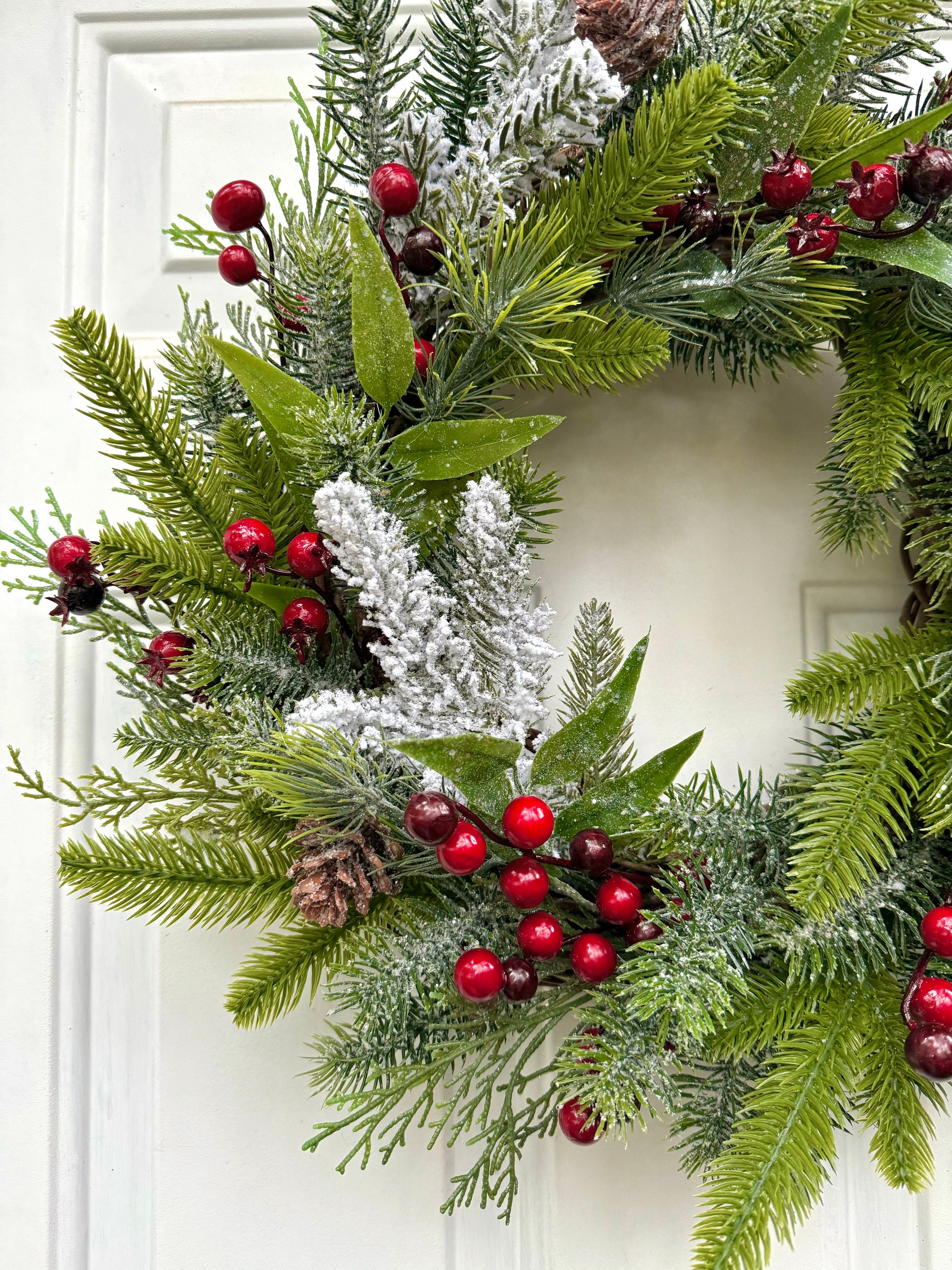 Mixed Snowy Christmas Greenery Wreath With Pinecones Christmas Wreath ...